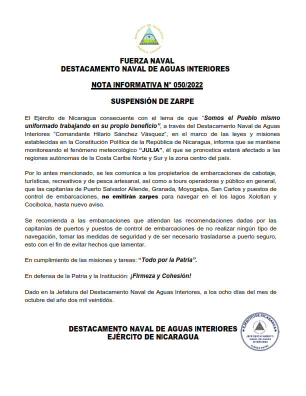 Destacamento Naval de Aguas Interiores informa sobre la suspensión de zarpes